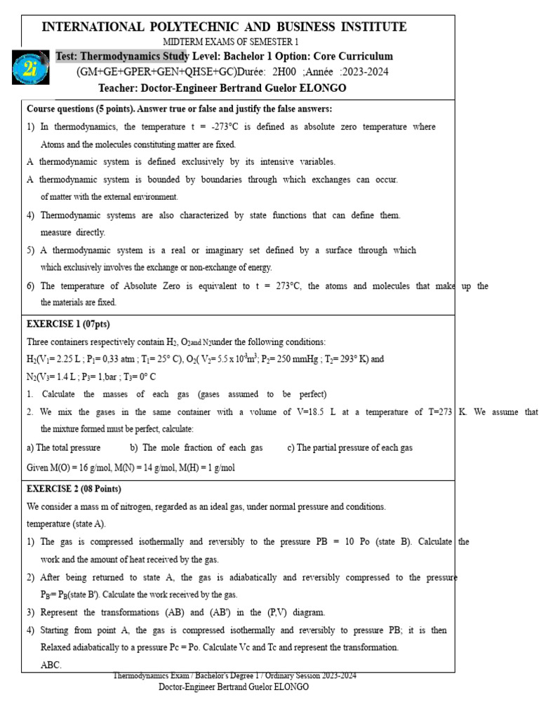 Thermodynamics Exam Topic 2023-2024 | PDF | Gases | Thermodynamics