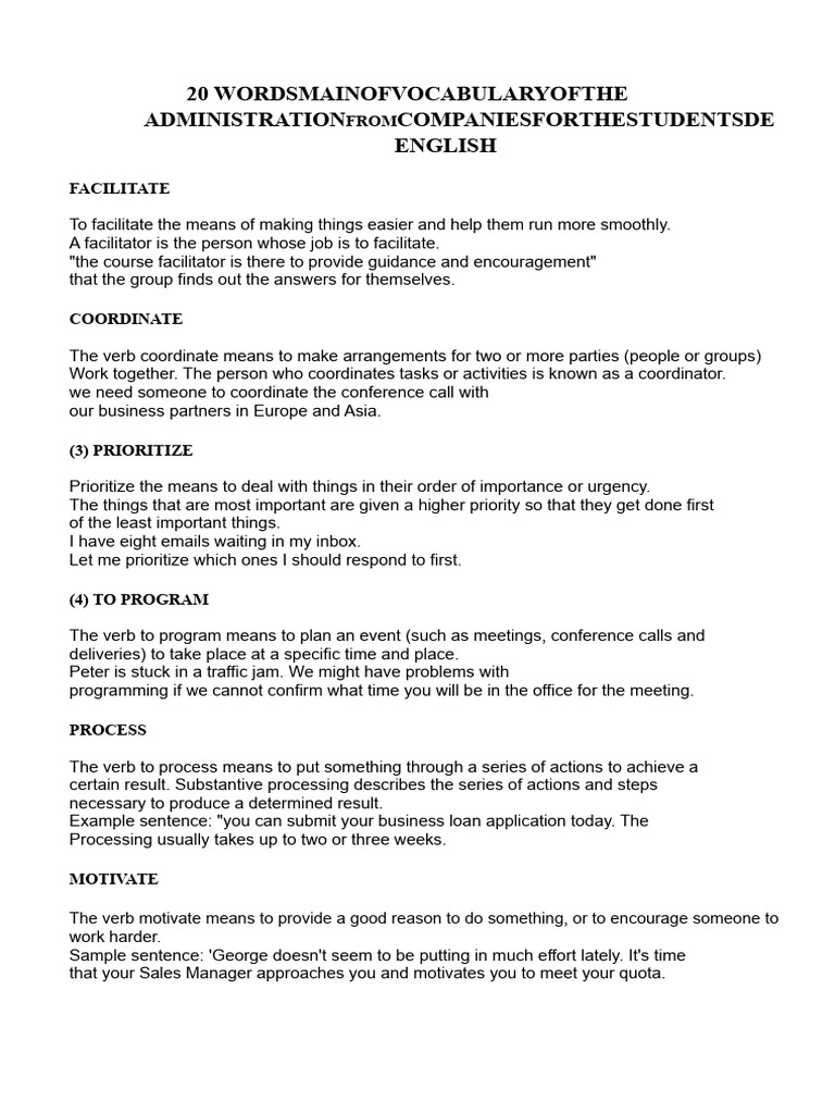 20 MAIN VOCABULARY WORDS OF BUSINESS ADMINISTRATION FOR ENGLISH STUDENTS.docx | PDF | Verb ...