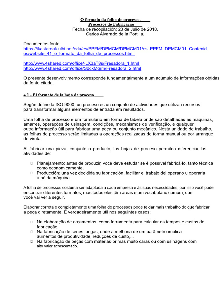 Formato da Folha de Processo de Fabricação | PDF | Máquinas | Máquinas