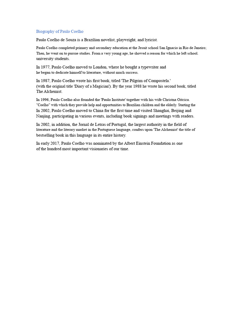 Biography of Paulo Coelho | PDF