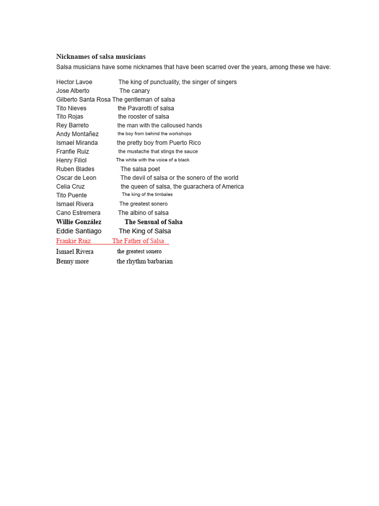 Nicknames of Salsa Musicians | PDF