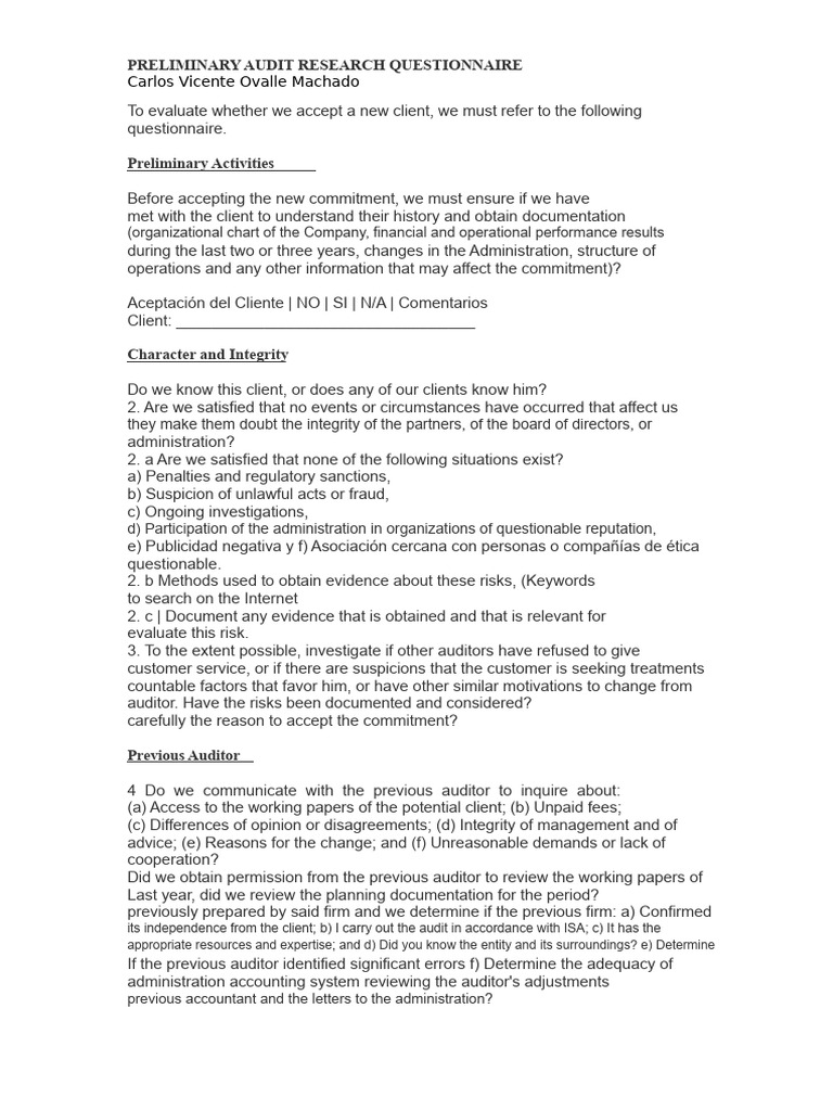 Preliminary Research Questionnaire | PDF | Audit | Accounting