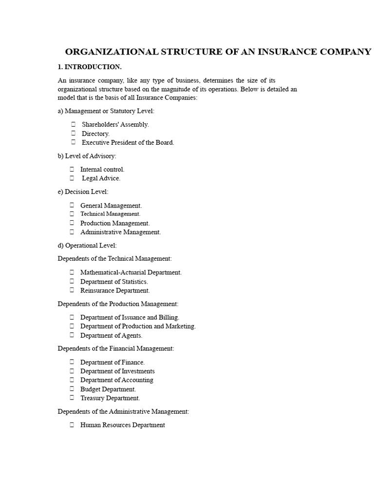 Insurance Company Organizational Structure | PDF | Reinsurance | Insurance