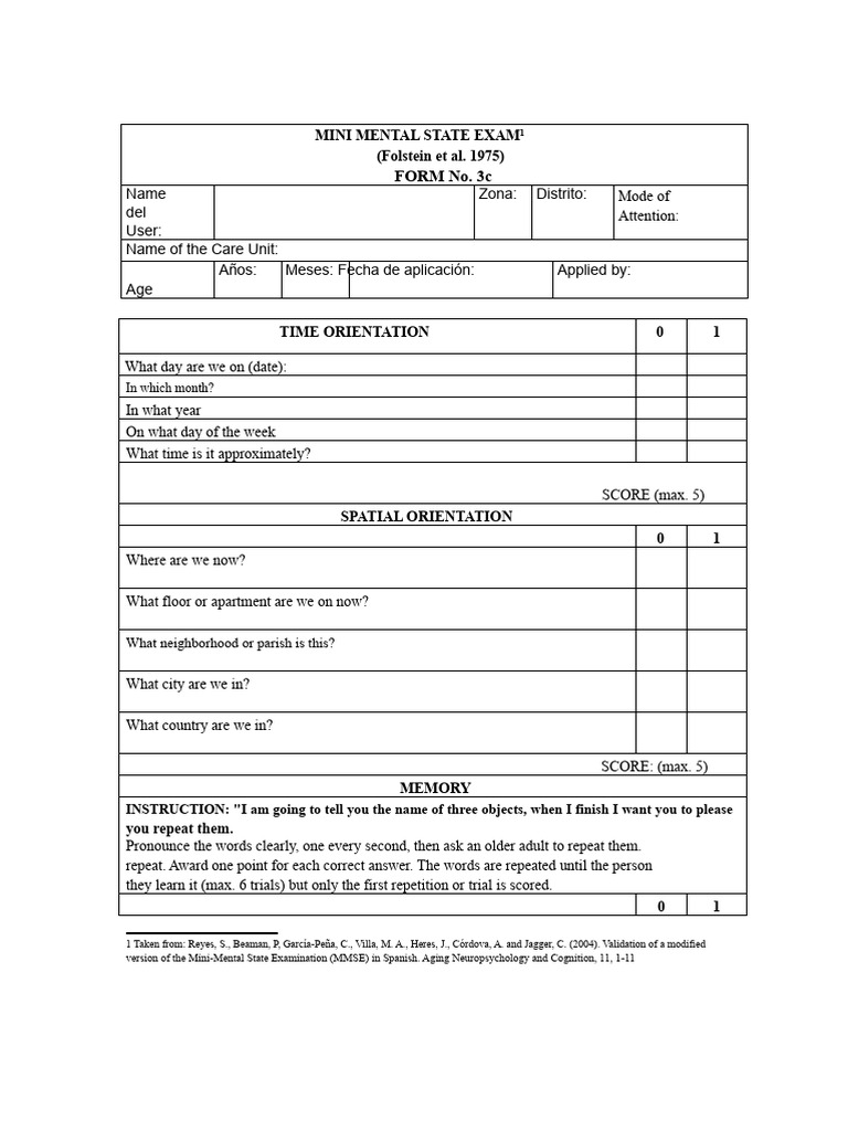 Mini Mental State Exam (MMSE) Form | PDF | Behavioural Sciences | Cognition