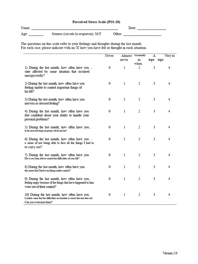 Perceived Stress Scale Pss 10 Pdf Questionnaire Psychology