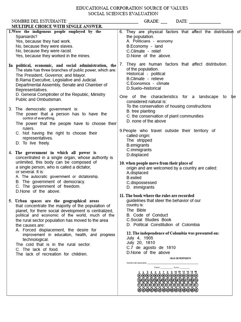 Social Studies Exam Grade 7 - Source of Values - Fourth Period - 2019 | PDF