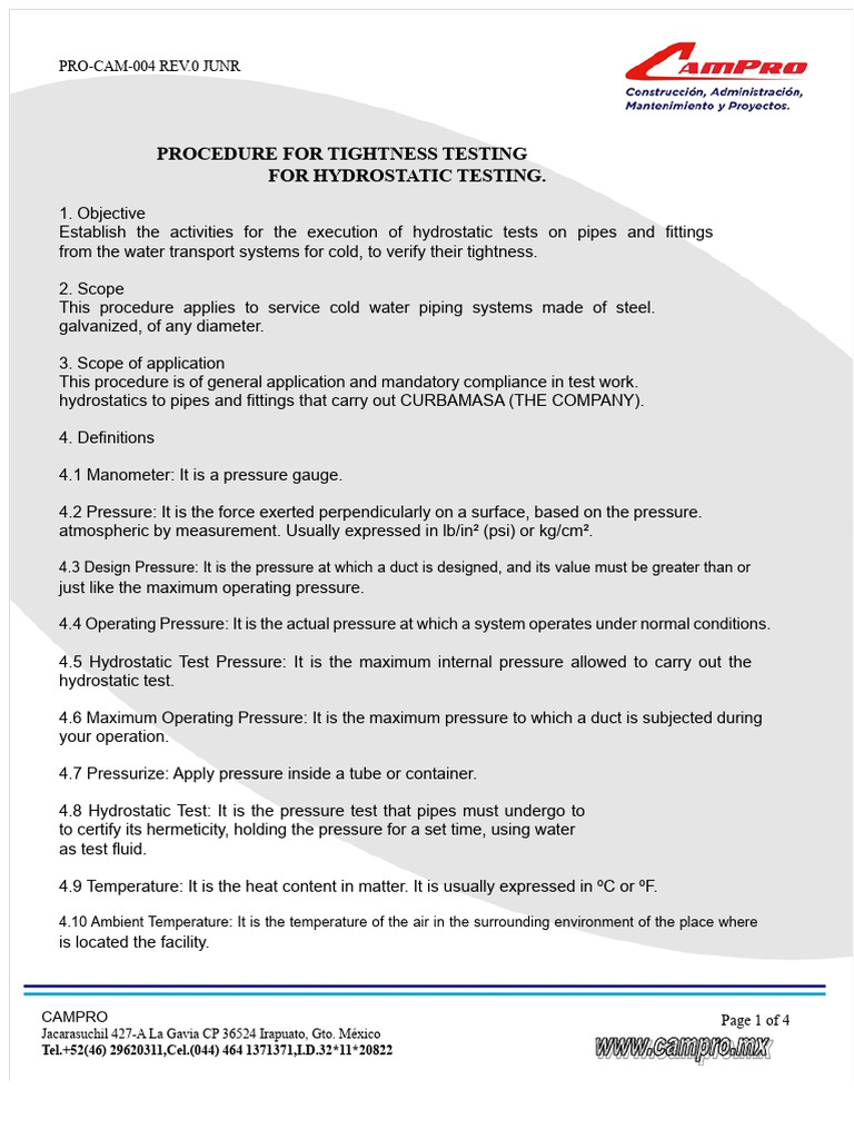 Hydrostatic Test Procedure | PDF | Pressure | Pipe (Fluid Conveyance)