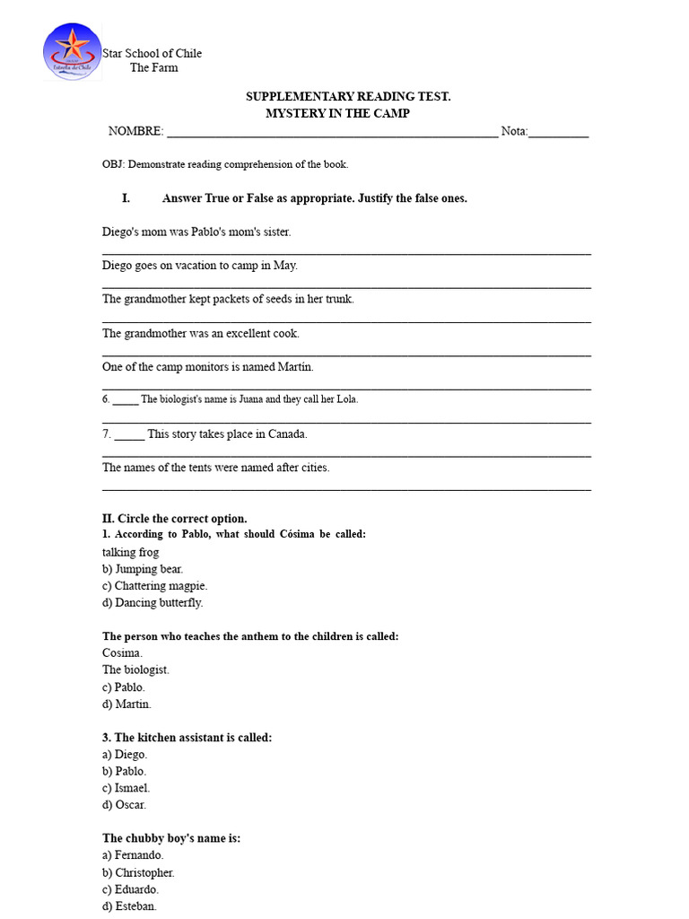 Test 6° Mystery at the camp | PDF