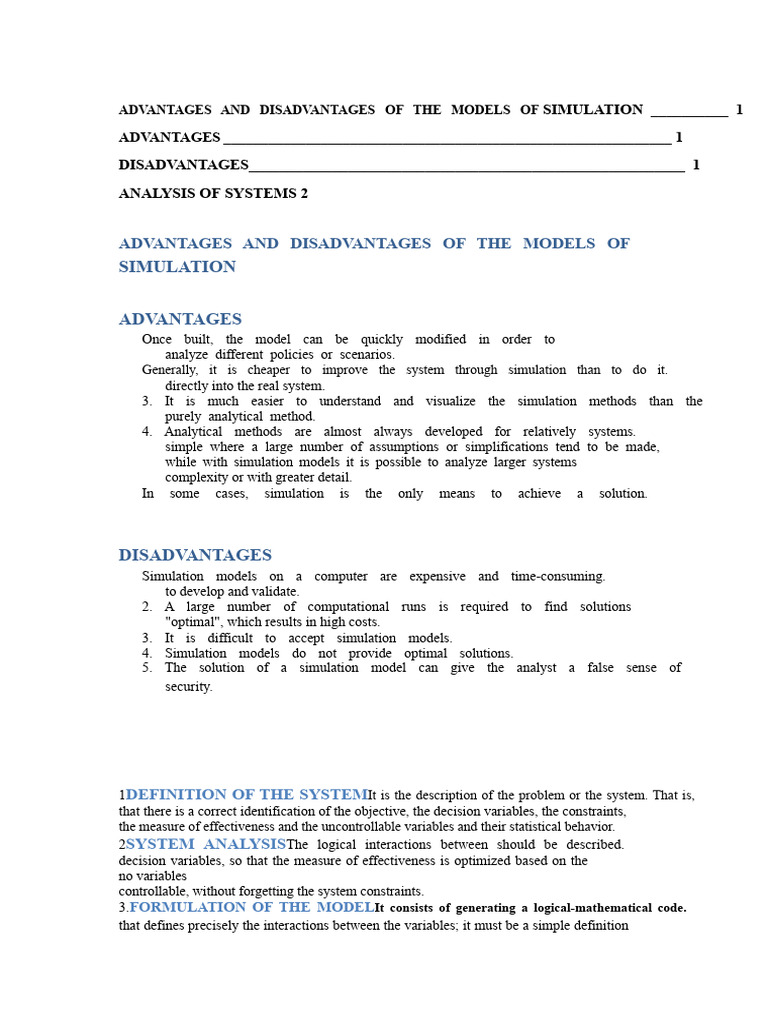 ADVANTAGES AND DISADVANTAGES OF SIMULATION MODELS | PDF | Simulation | System