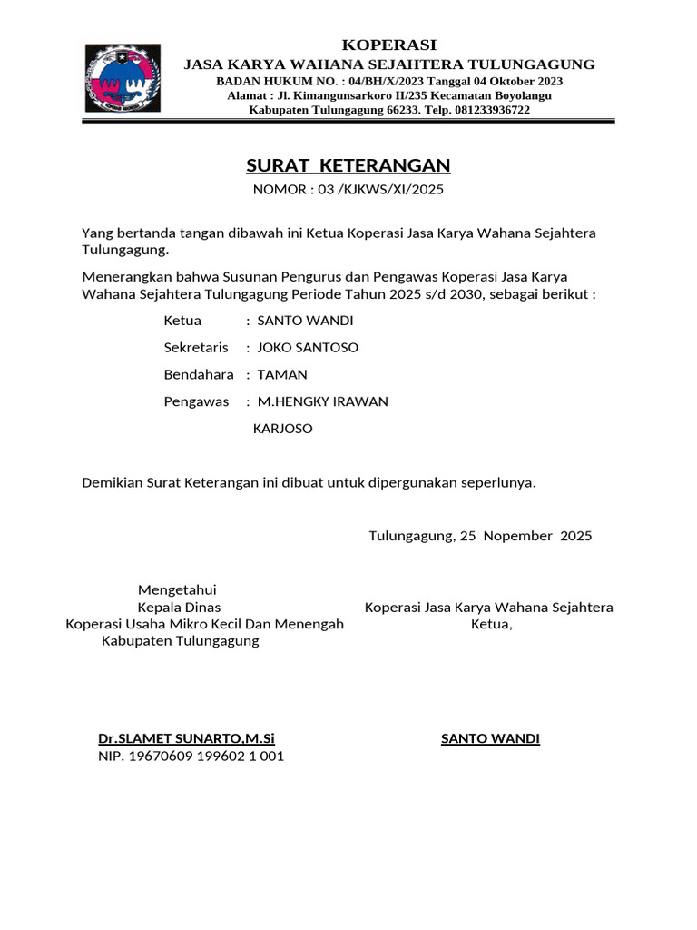 Surat Keterangan Koperasi | PDF