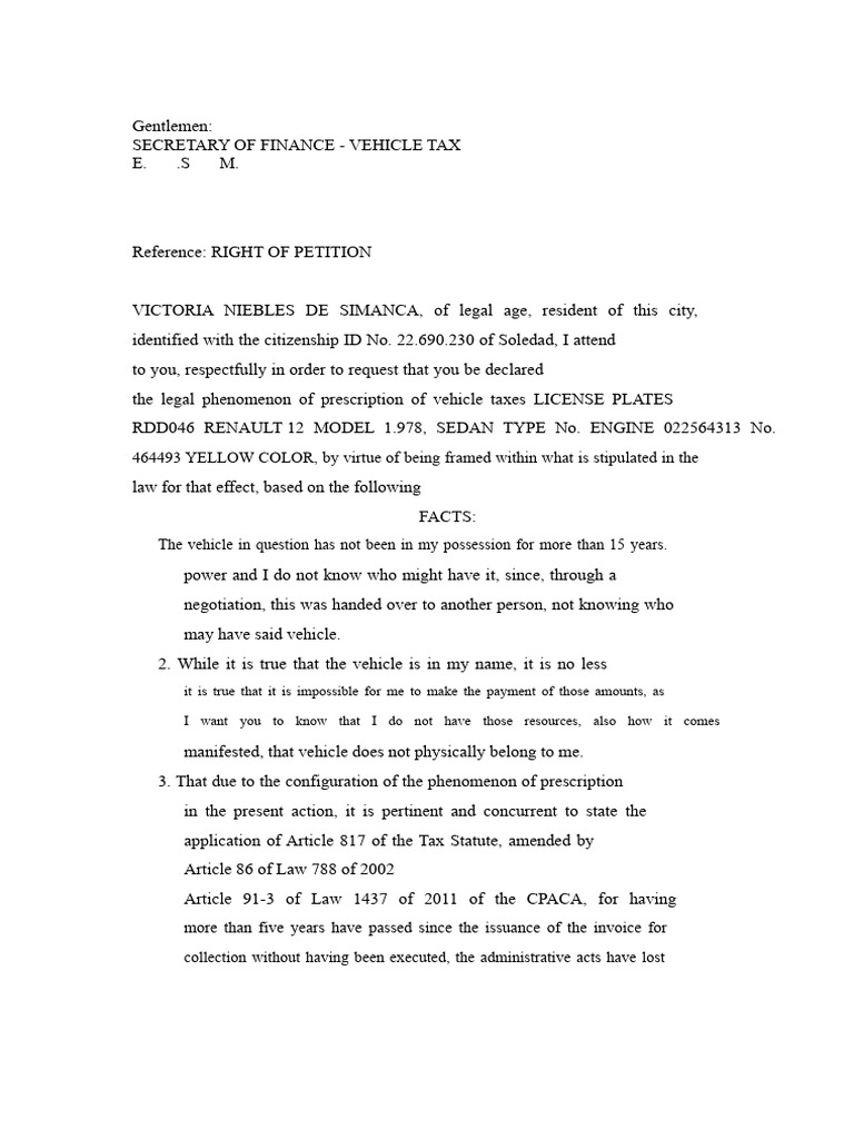 Vehicle Tax Prescription Request Letter | PDF | Government | Justice