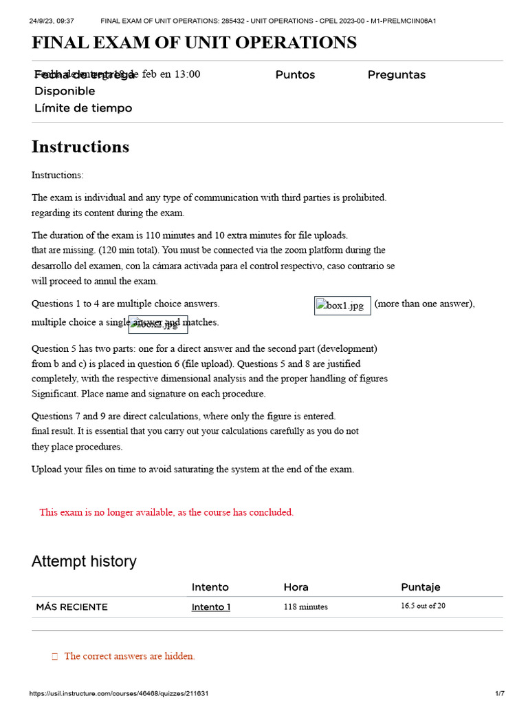 Final Exam of Unit Operations - 285432 - Unit Operations - Cpel 2023-00 ...