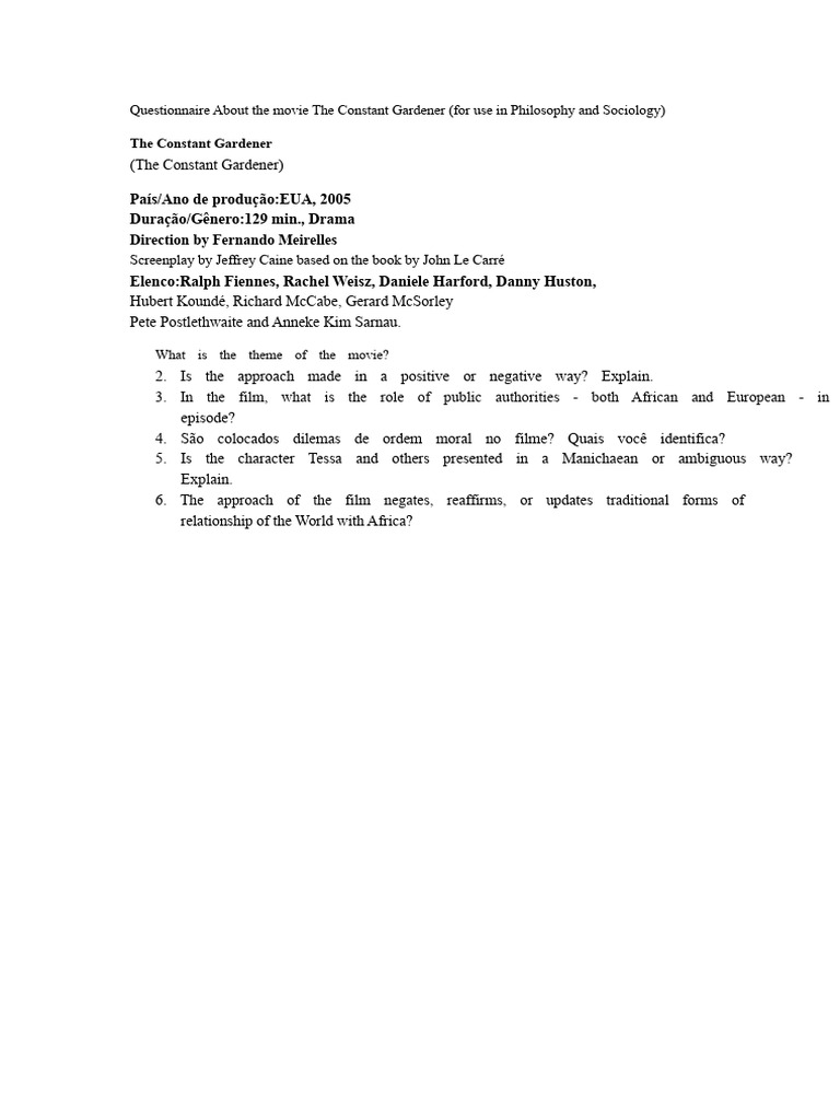 Questionnaire About The Movie The Constant Gardener 1st Year | PDF