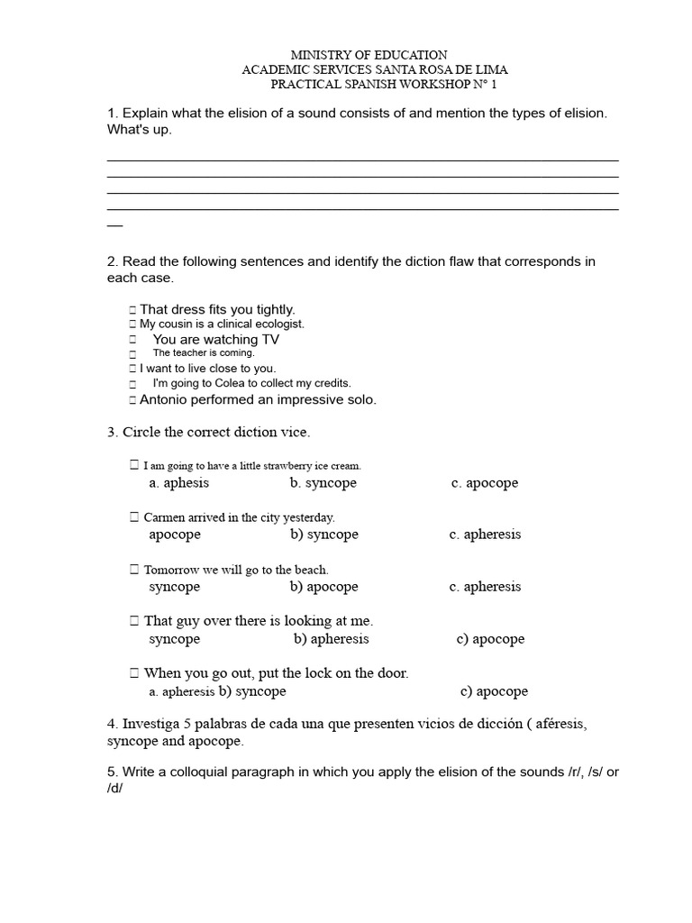 TASK ON DICITION VICES (APHERESIS, SYNCOPE AND APocoPE OF 12°) | PDF