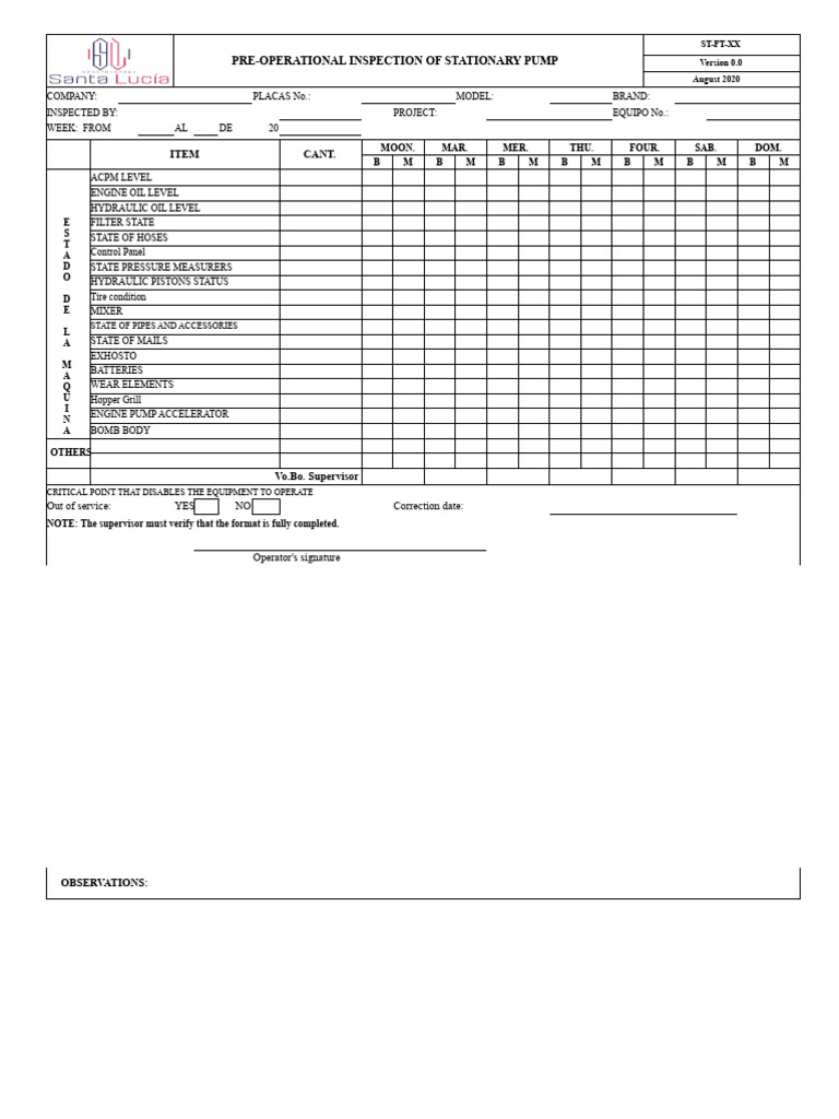 ST-FT-XX Preoperational Inspection of Stationary Pump | PDF