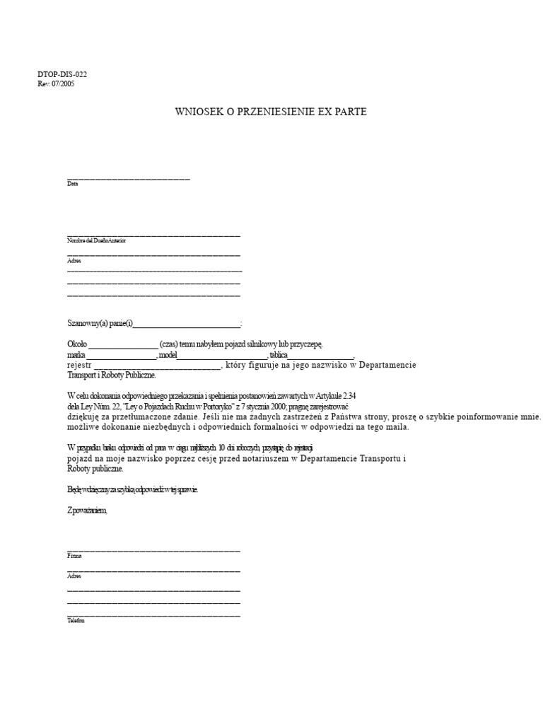 DTOP-DIS-022 Przeniesienie Ex Parte | PDF