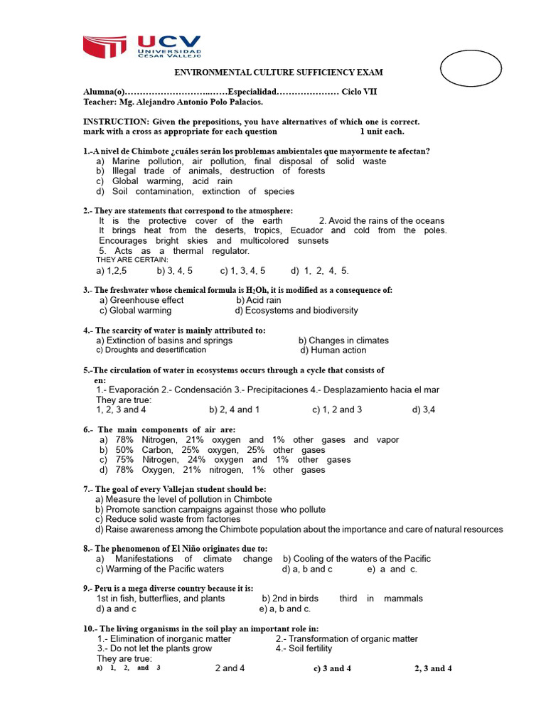 Environmental Culture Sufficiency Exam | PDF | Climate Change | Soil