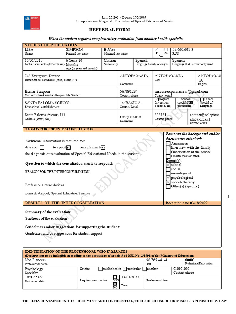 Referral Form EXAMPLE DOCUMENT | PDF | Special Education | Behavioural ...