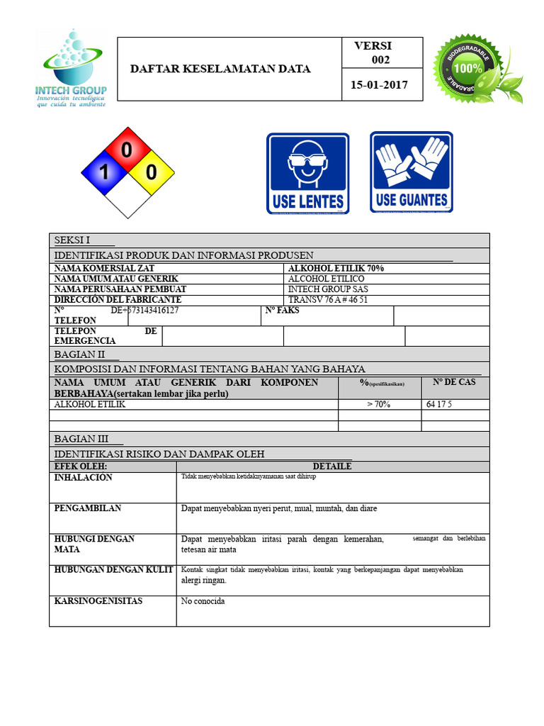 MSDS Alkohol Etil 70% | PDF