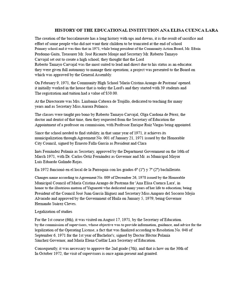 History of The Ana Elisa Cuenca Lara Educational Institution | PDF