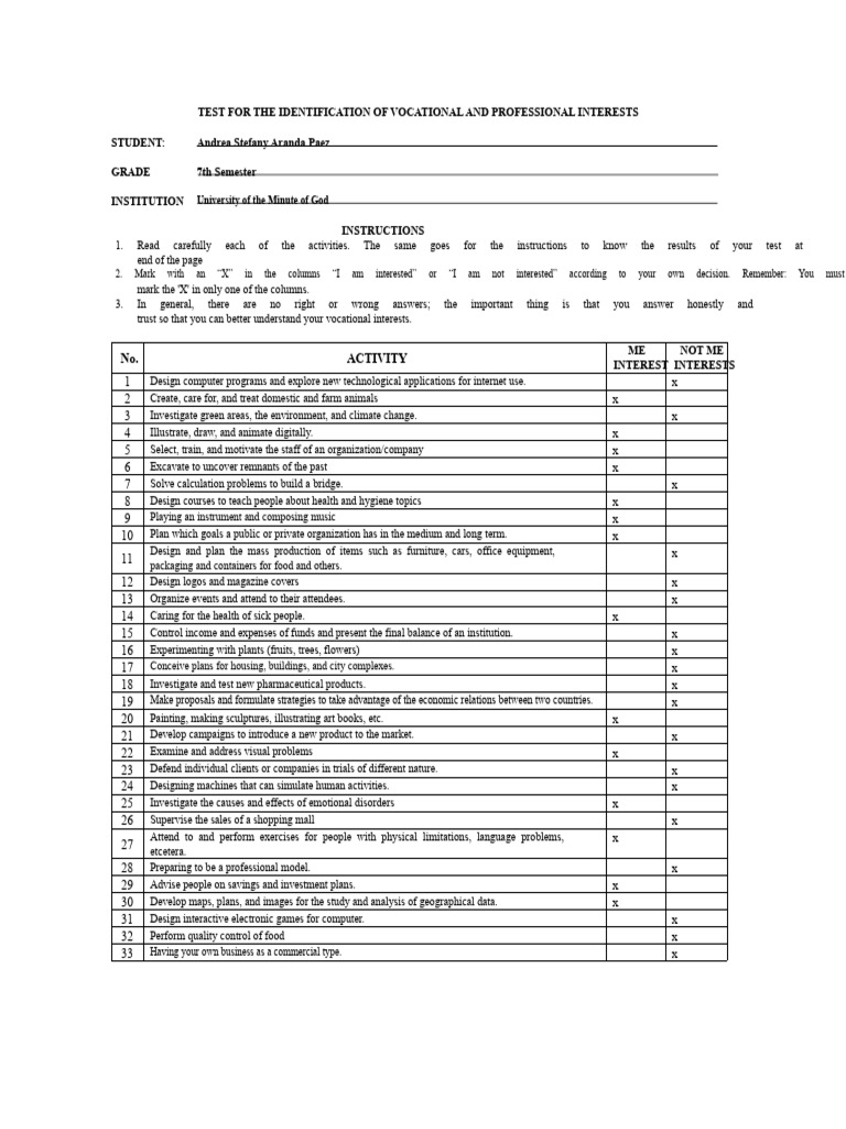 Vocational Interest Assessment Test | PDF