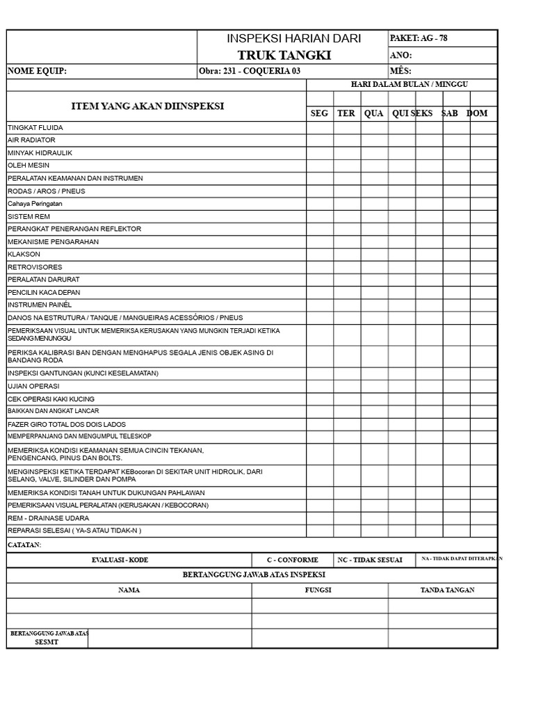 Inspeksi Harian Truk Tangki AG-78 | PDF
