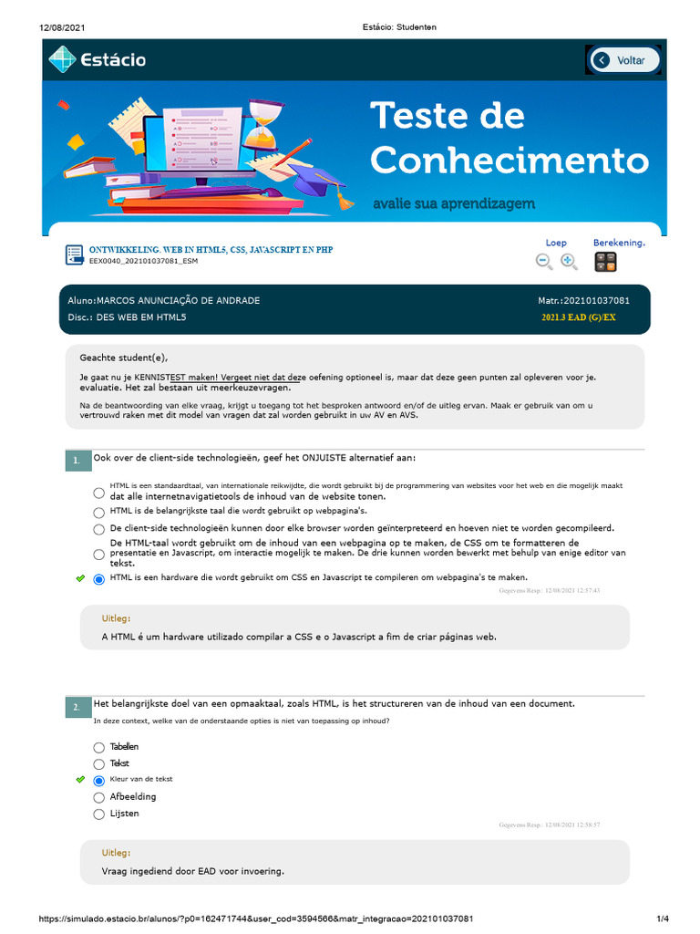 1e Kennis Test - WEBONTW. IN HTML5, CSS, JAVASCRIPT EN PHP | PDF