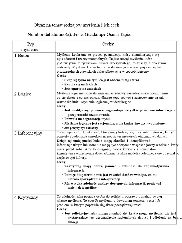 Tabela o Typach Myślenia I Ich Cechach | PDF