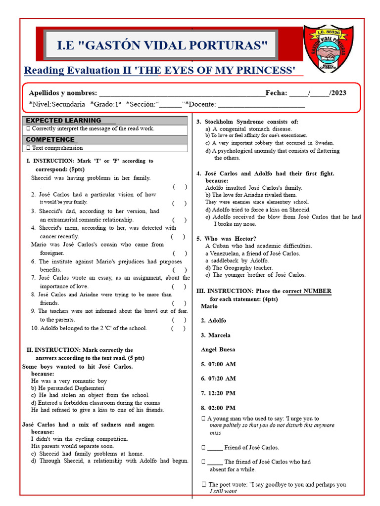 Reading Evaluation: "The Eyes of My Princess" | PDF