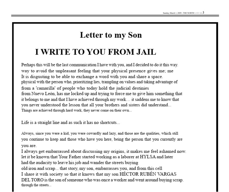 Letter from the Owner of Aceros Del Toro to His Son from Prison March 1, 2009 | PDF