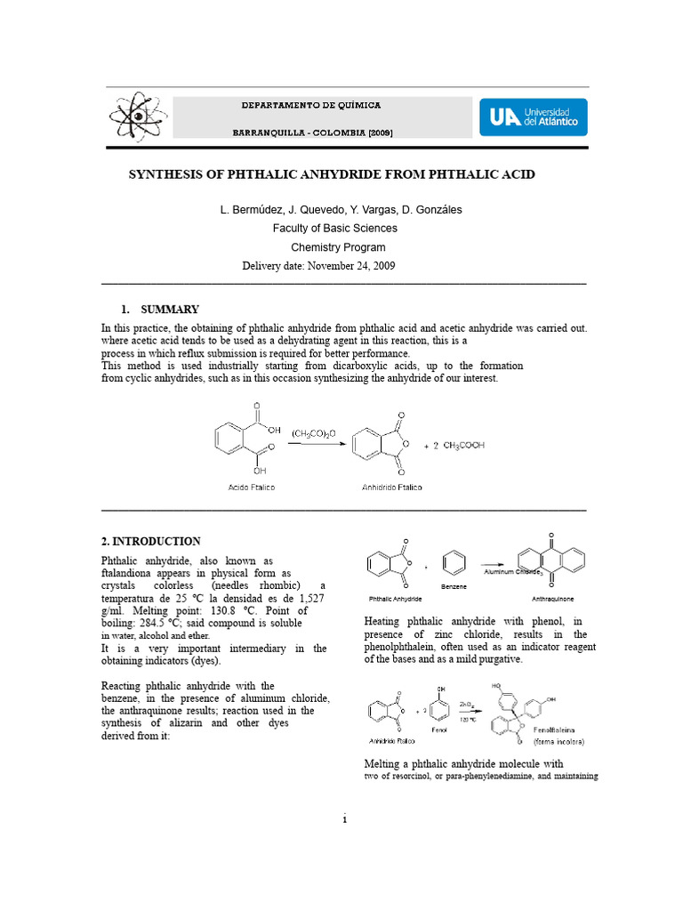 Synthesis of Phthalic Anhydride Process | PDF | Carboxylic Acid ...