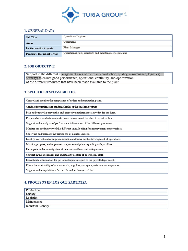 Operations Engineer Job Description | PDF | Safety | Business