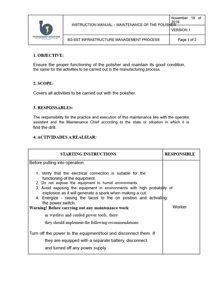 Polisher Maintenance Instruction Manual | PDF | Safety