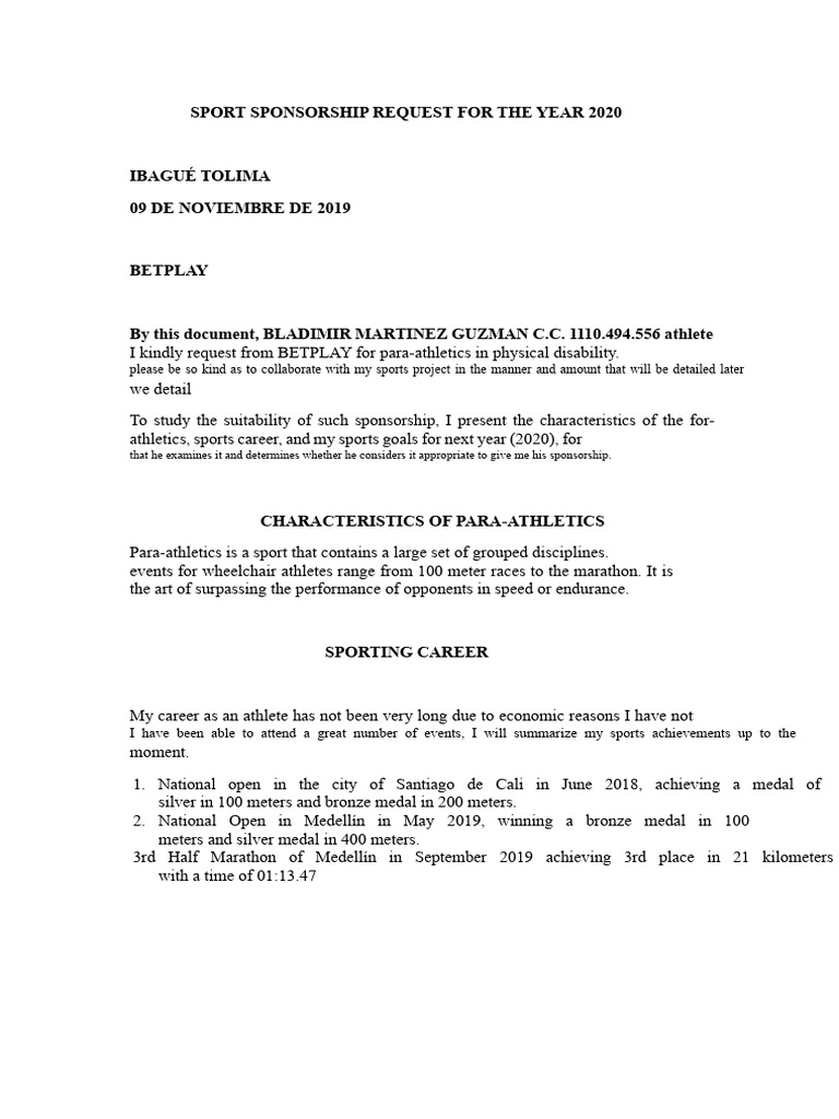 BETPLAY SPORTS SPONSORSHIP REQUEST | PDF | Sport Of Athletics