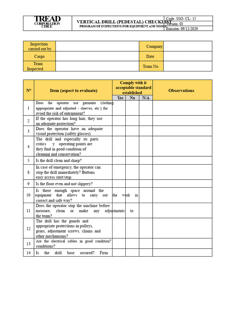 Vertical Drill Safety Inspection Checklist | PDF