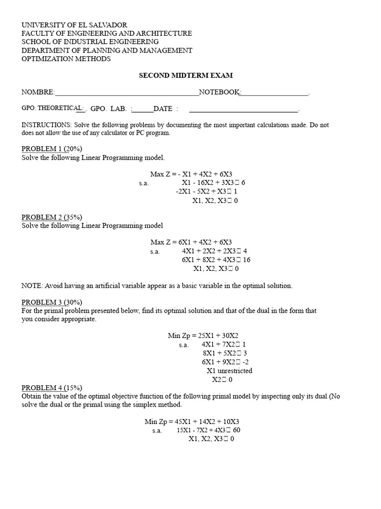 Partial Exams of Partial 2 of Mop UES | PDF | Linear Programming ...
