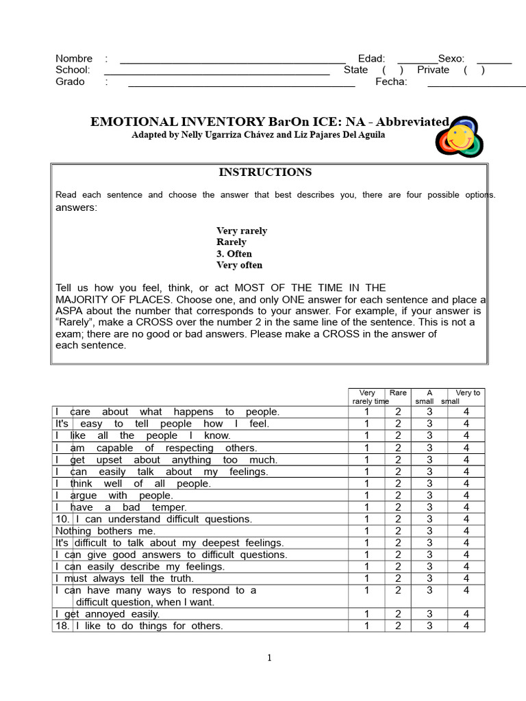 Emotional Inventory Questionnaire Guide | PDF | Psychology | Cognition
