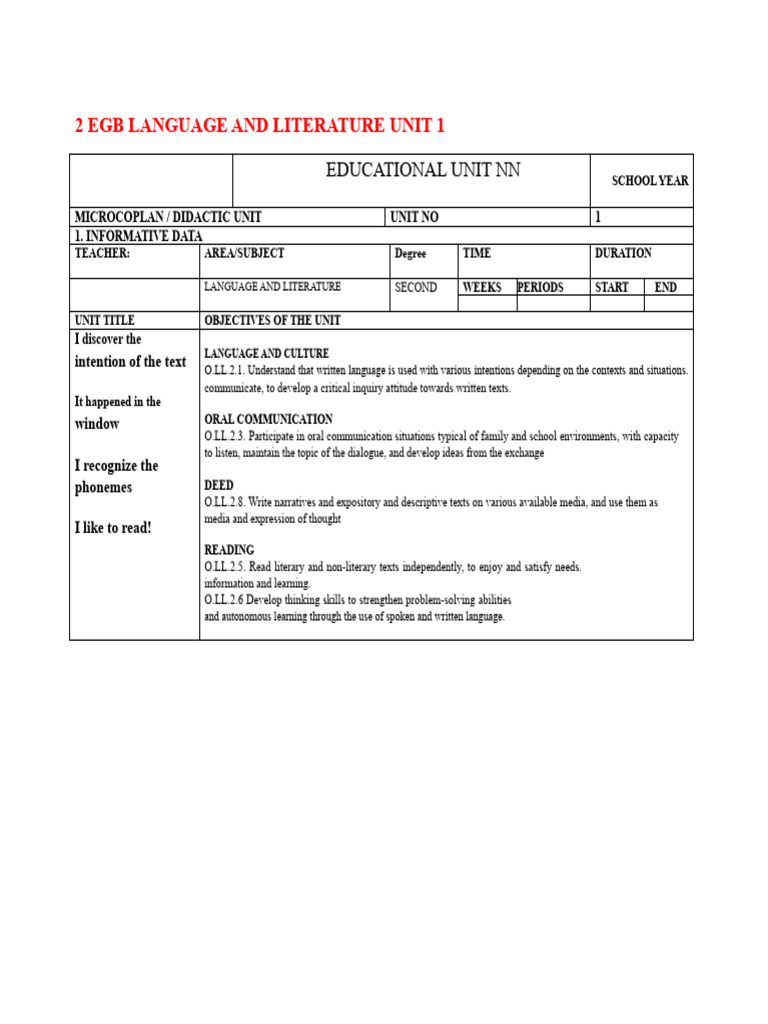 2nd Grade EGB Lesson Plan by Didactic Unit | PDF | Communication | Word