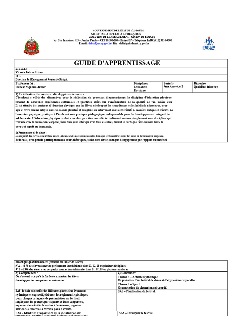 Guide d'apprentissage Éducation Physique 9ème | PDF | Éducation ...
