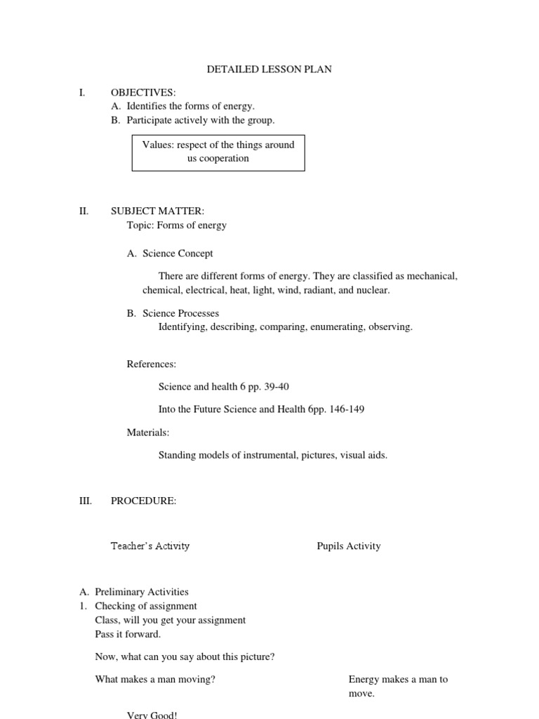 Detailed Lesson Plan | PDF | Forms Of Energy | Potential Energy