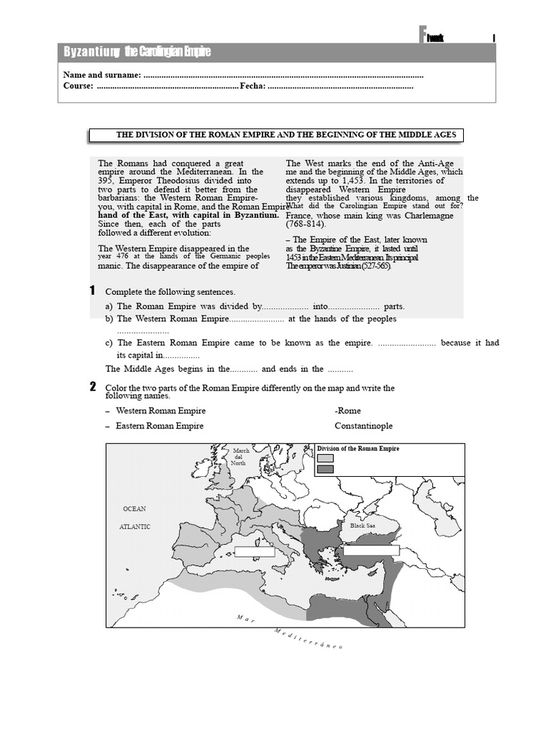 Sheet On The Division of The Roman Empire and The Beginning of The ...
