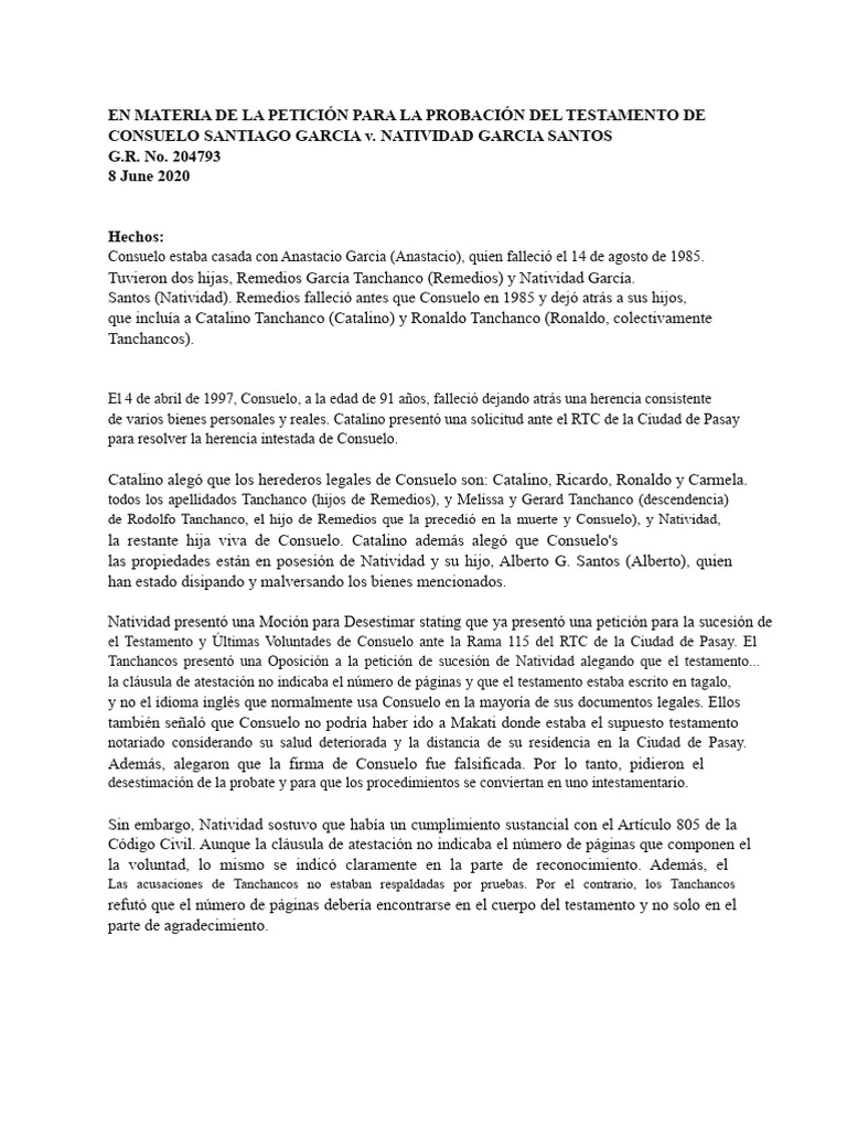 Tanchanco V García | PDF | Voluntad y testamento | Propiedad