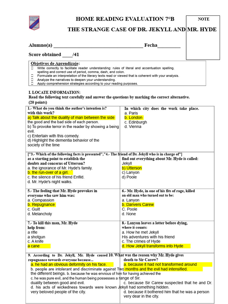 7th B test The Strange Case of Dr. Jekyll and Mr. Hyde | PDF | Dr ...