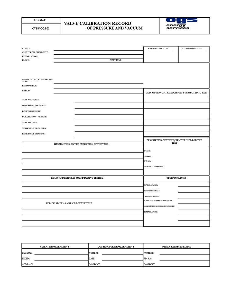 Calibration Format For Pressure and Vacuum Valve | PDF | Calibration