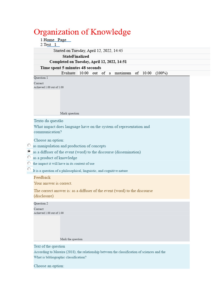 Knowledge Organization Test 1 | PDF | Ontology (Information Science ...