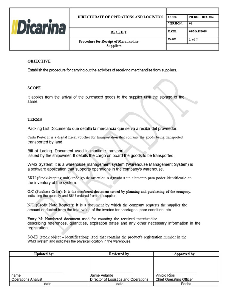 Procedure For Receiving Merchandise From Suppliers | PDF | Receipt ...