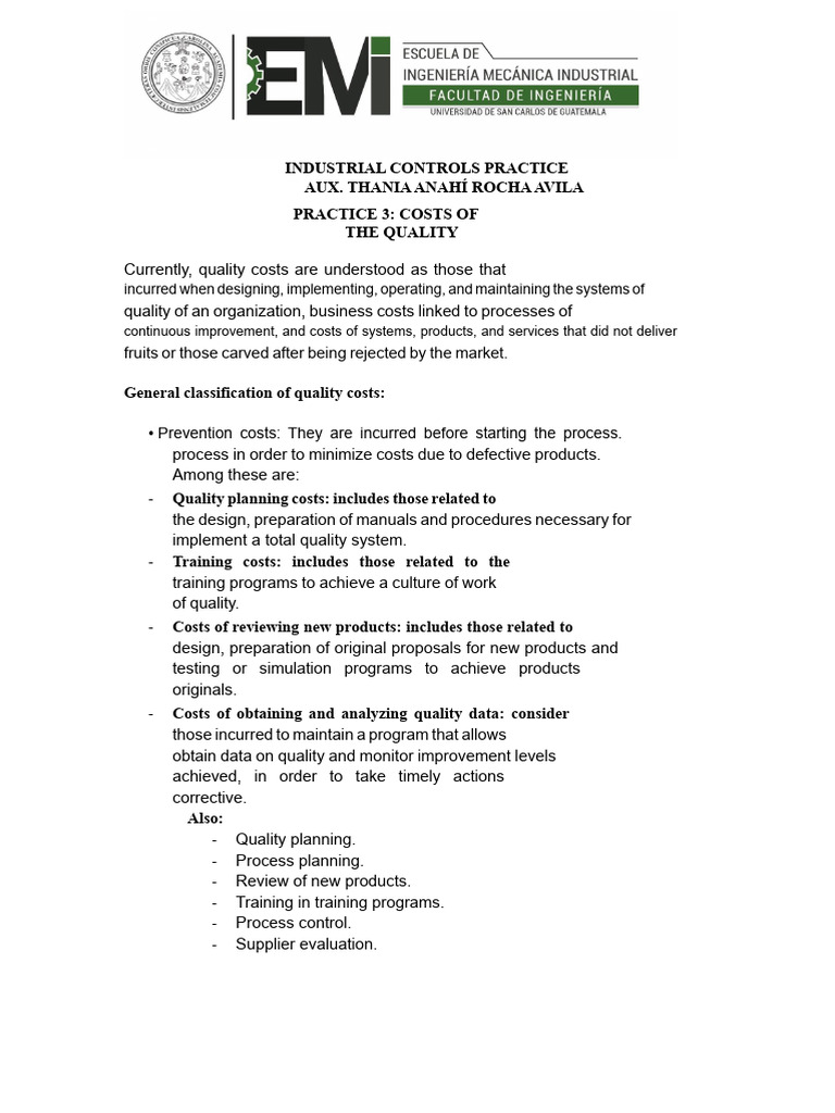 Quality Costs (Examples) | PDF | Information | Cost