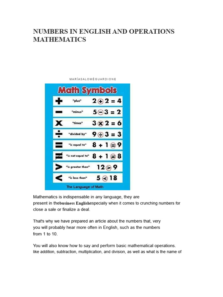 Numbers in English and Mathematical Operations | PDF | Elementary ...