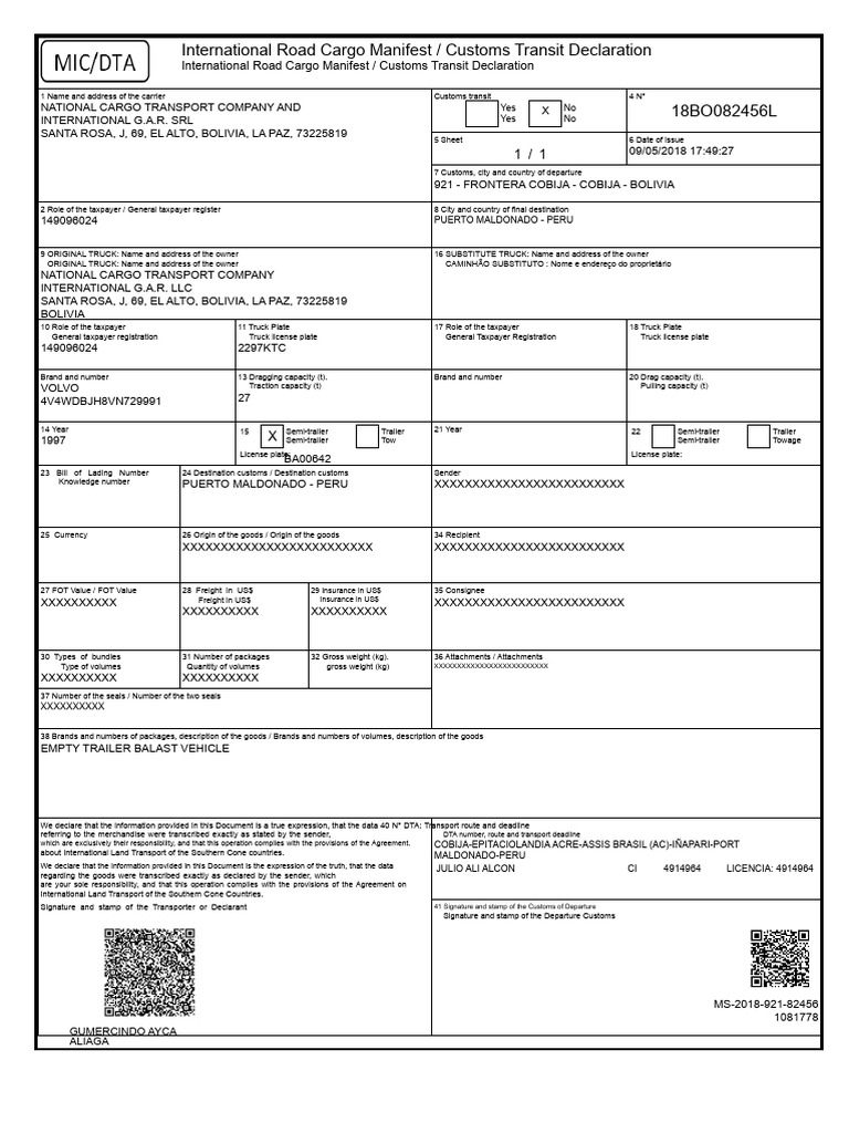 International Road Cargo Manifest Form | PDF | Cargo | Trailer (Vehicle)