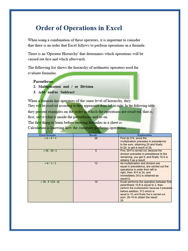 Order of Operations in Excel | PDF | Microsoft Excel | Multiplication